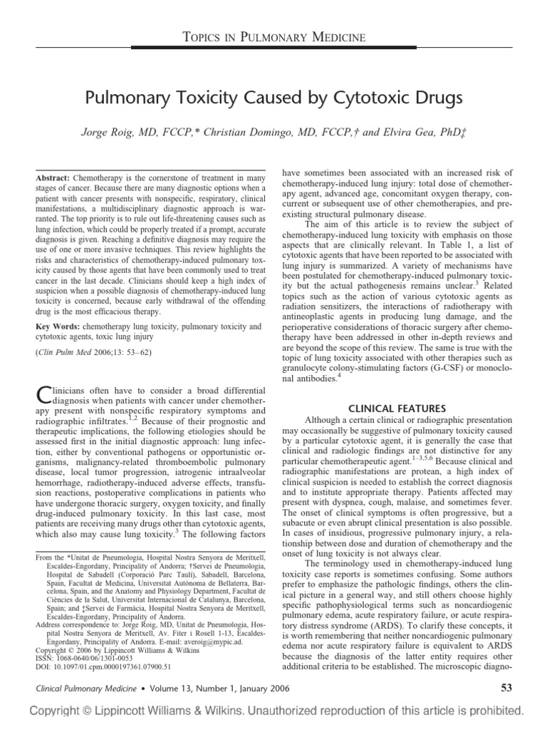 Pulmonary Toxicity Caused by Cytotoxic Drugs.6 | PDF | Chemotherapy ...