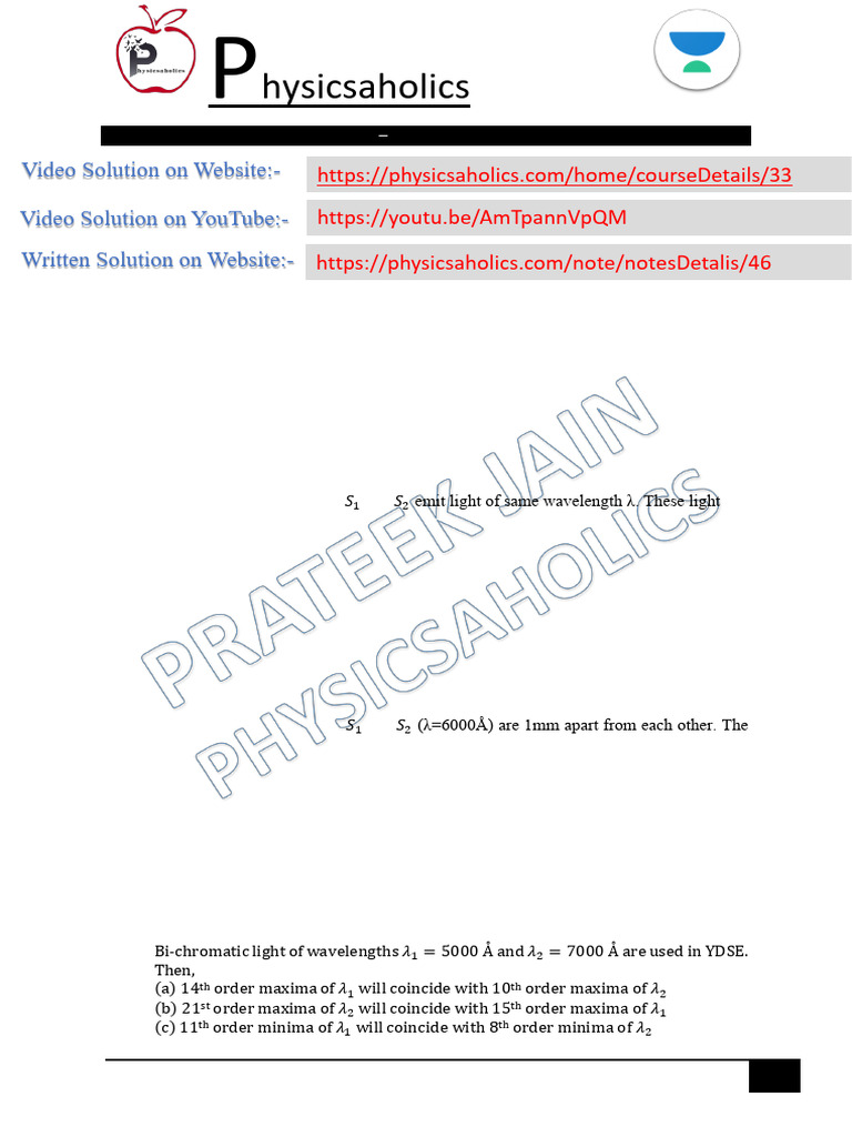 DPP-1 (JEE Main) Wave Optics - Interference, YDSE | PDF | Coherence (Physics) | Diffraction