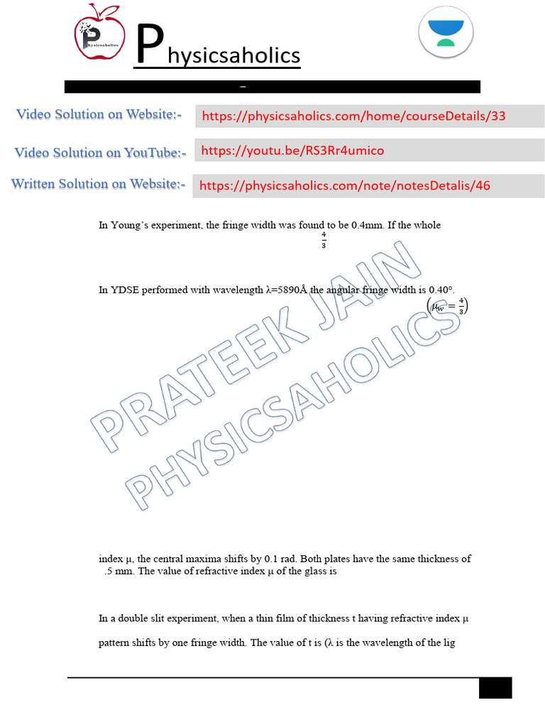 DPP-2 Wave Optics - Effect of Medium On YDSE & Interference in Different Orientation of Source ...