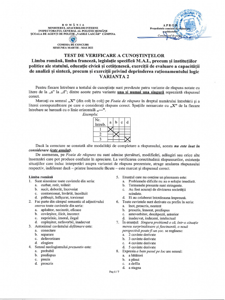 Test Varianta 2 Concurs Admitere Limba Franceza | PDF