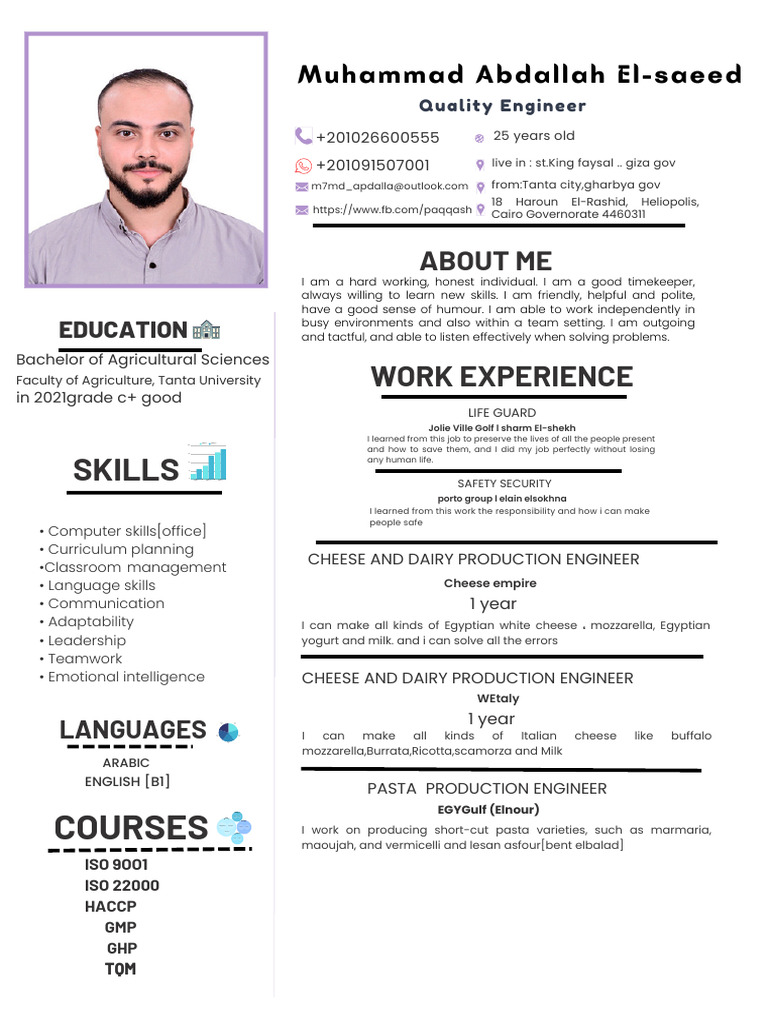CV Production Engineer Muhammad Abdallah | PDF | Italian Cuisine | Foods