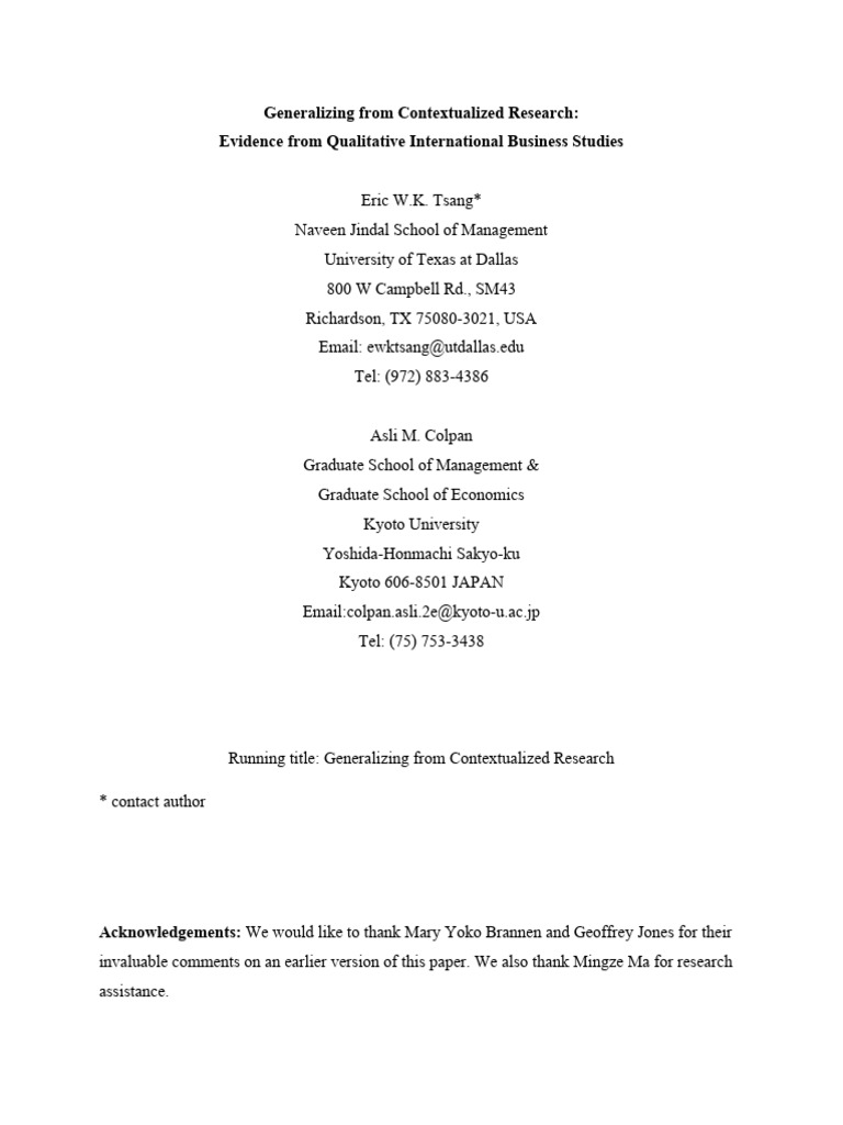 Tsang and Colpan 2024 Generalizing From Contextualized Research Evidence From Quali IB Studies ...