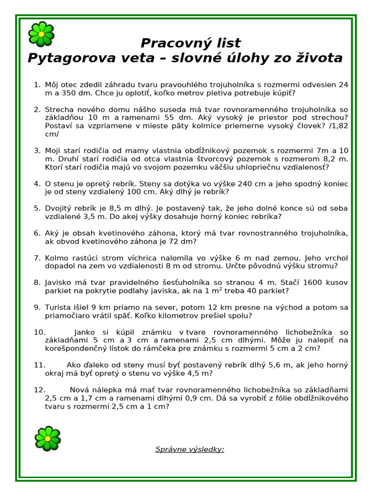 Pytagorova Veta, 8. Roč., Slovné Úlohy Z Paxe PL + Správne Odpovede | PDF