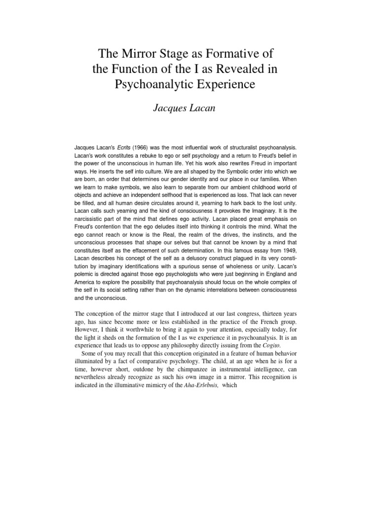 Lacan's Mirror Stage and Ego Formation | PDF | Jacques Lacan | Id