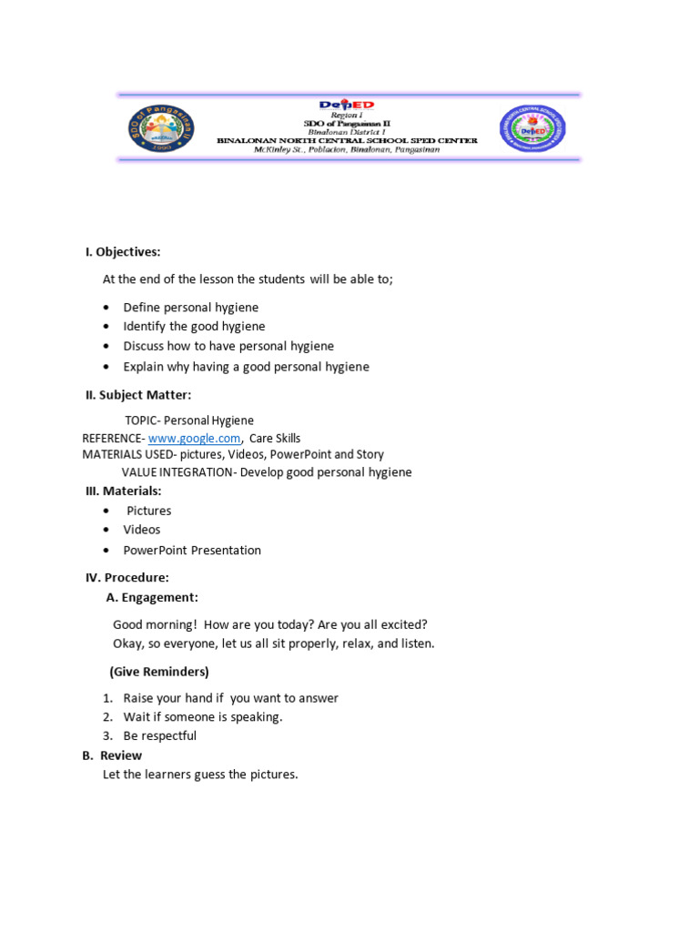 Lesson Plan Cot i | PDF | Hygiene | Lesson Plan