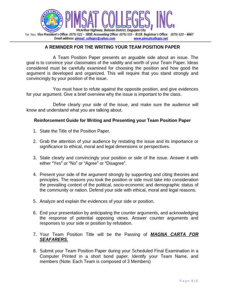 ICT A Guide For The Writing of A Good Position Paper | PDF | Argument