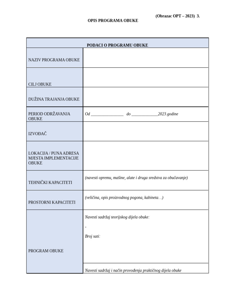3 - Obrazac (OPT - 2023) Opis Programa Obuke | PDF
