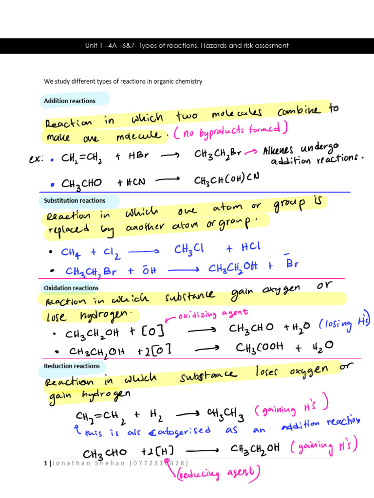 Copy of Unit 1 - 4A - 5-Types of Reactions and Hazards | PDF | Chemical ...