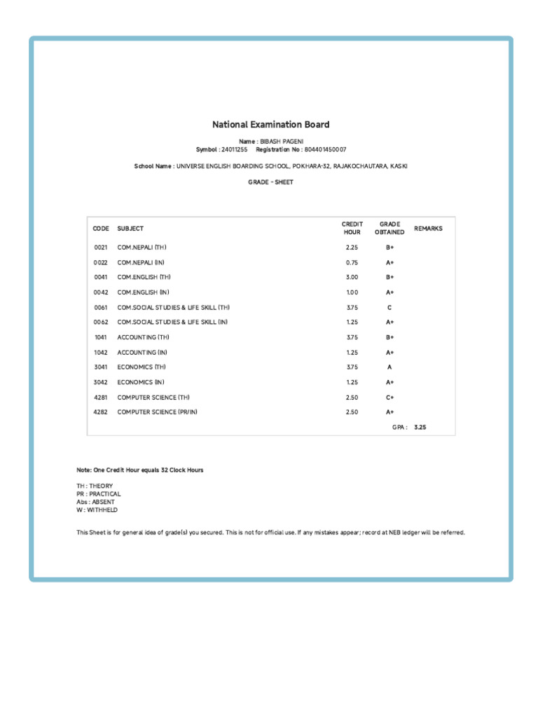 NTC Class 12 Result 2080 for Bibash Pageni | PDF