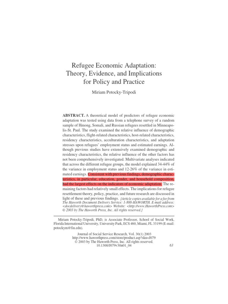 Potocky-Tripodi - 2003 - Refugee Economic Adaptation Theory, Evidence, and | PDF | Regression ...
