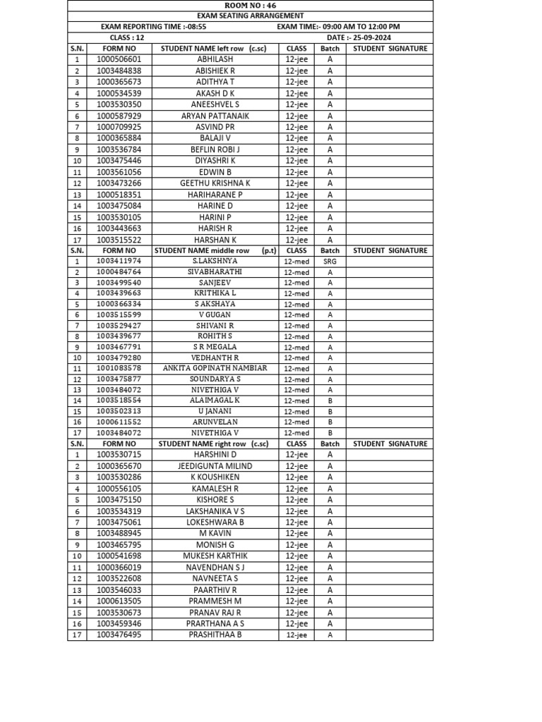 25-08-2024 Half Yearly Exam Seating Arrangment | PDF