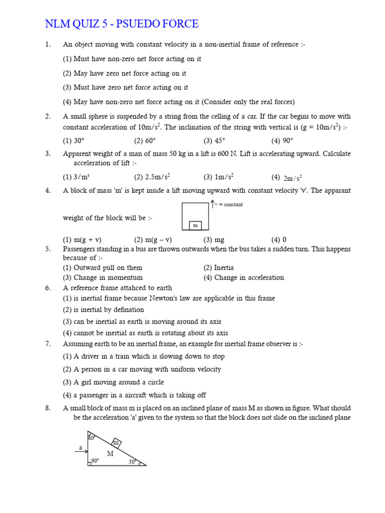 Nlm Quiz 5 - Psuedo Force | PDF | Force | Acceleration