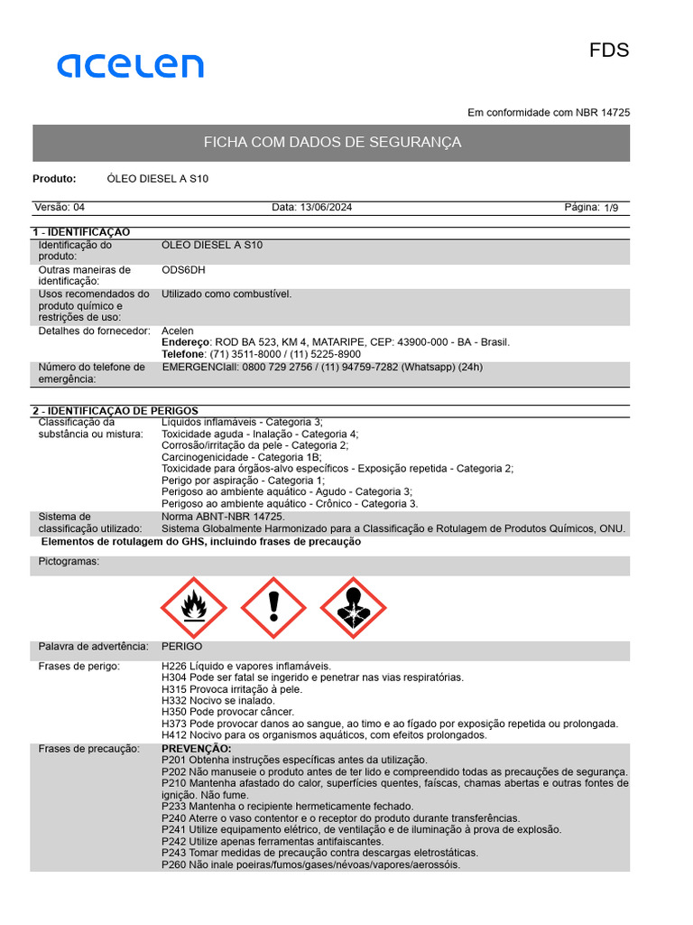 FDS NBR 14725 PT - Ods6dh - Oleo Diesel A S10 - V04 - 20240613110012 | PDF