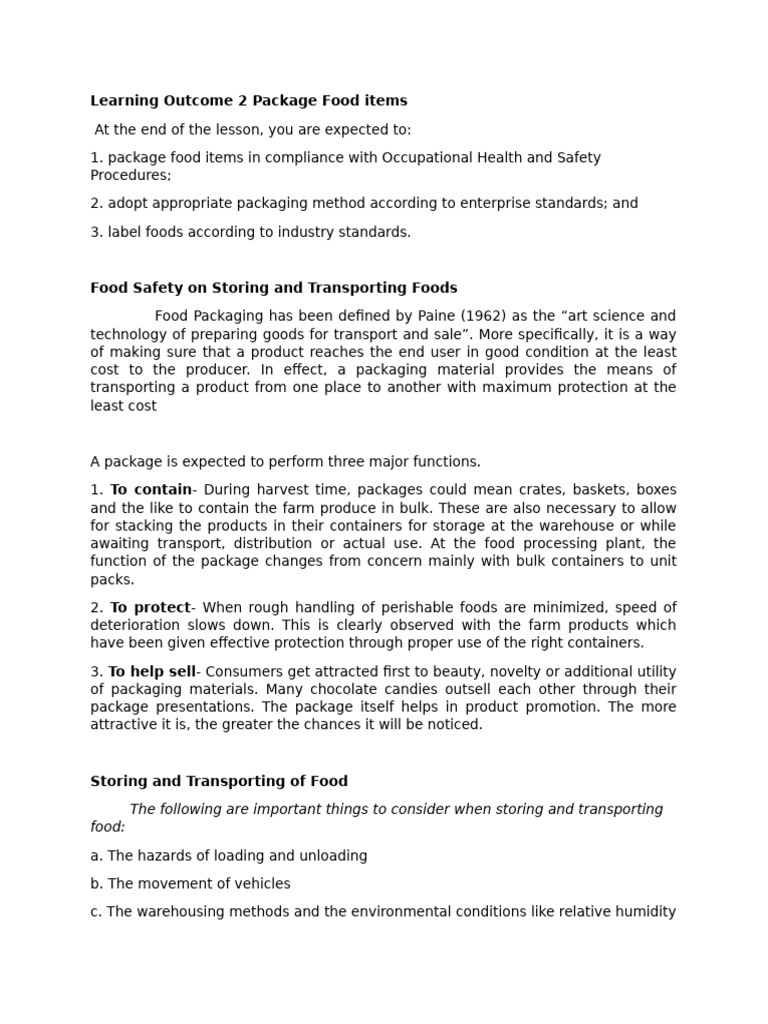 Learning Outcome 2 Package Food Items | PDF | Wellness