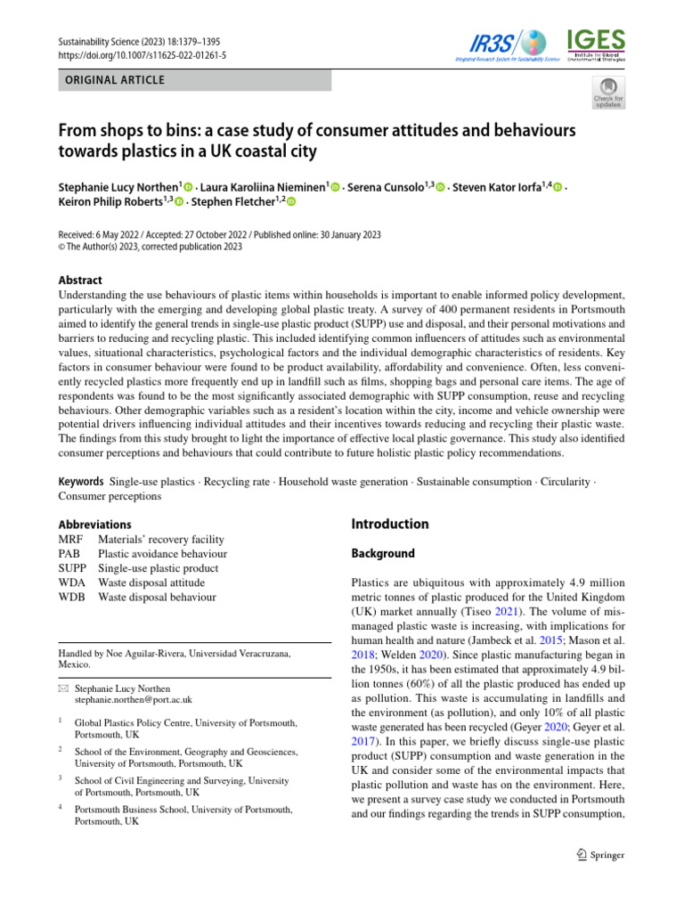 From Shops To Bins: A Case Study of Consumer Attitudes and Behaviours Towards Plastics in A UK ...