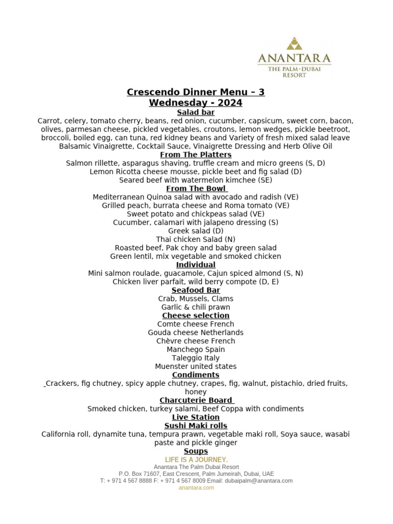 Crescendo Wednesday Dinner Menu 3-2024 | PDF | Salad | Pickling
