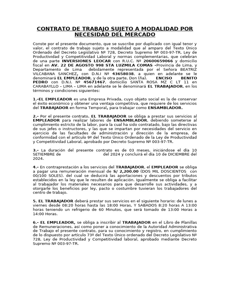 Contrato de Trabajo Sujeto A Modalidad Por Necesidad Del Mercado | PDF | Derecho laboral | Business