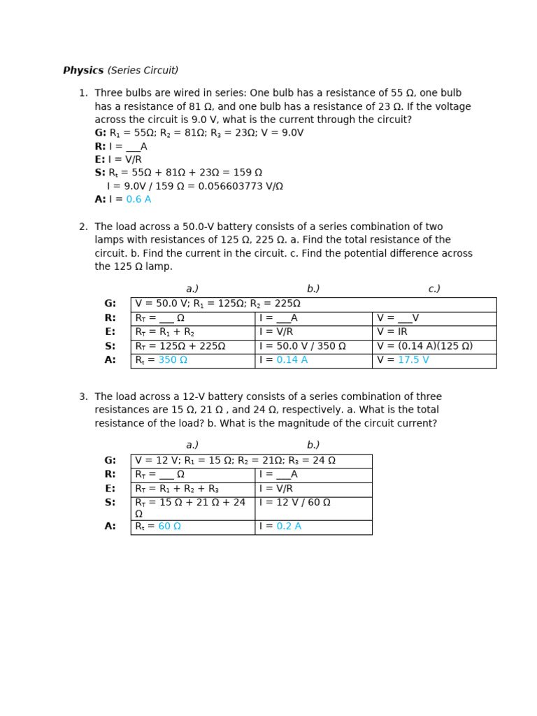 Series Circuit Calculations | PDF | Science & Mathematics
