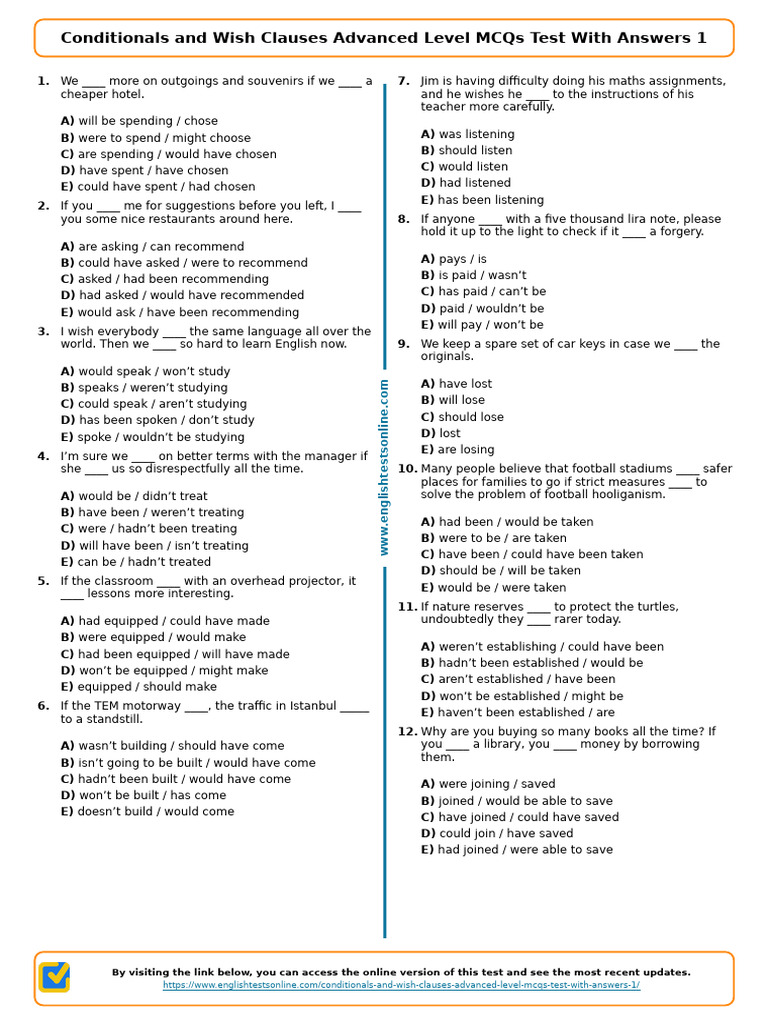 902 Conditionals and Wish Clauses Advanced Level Mcqs Test With Answers ...