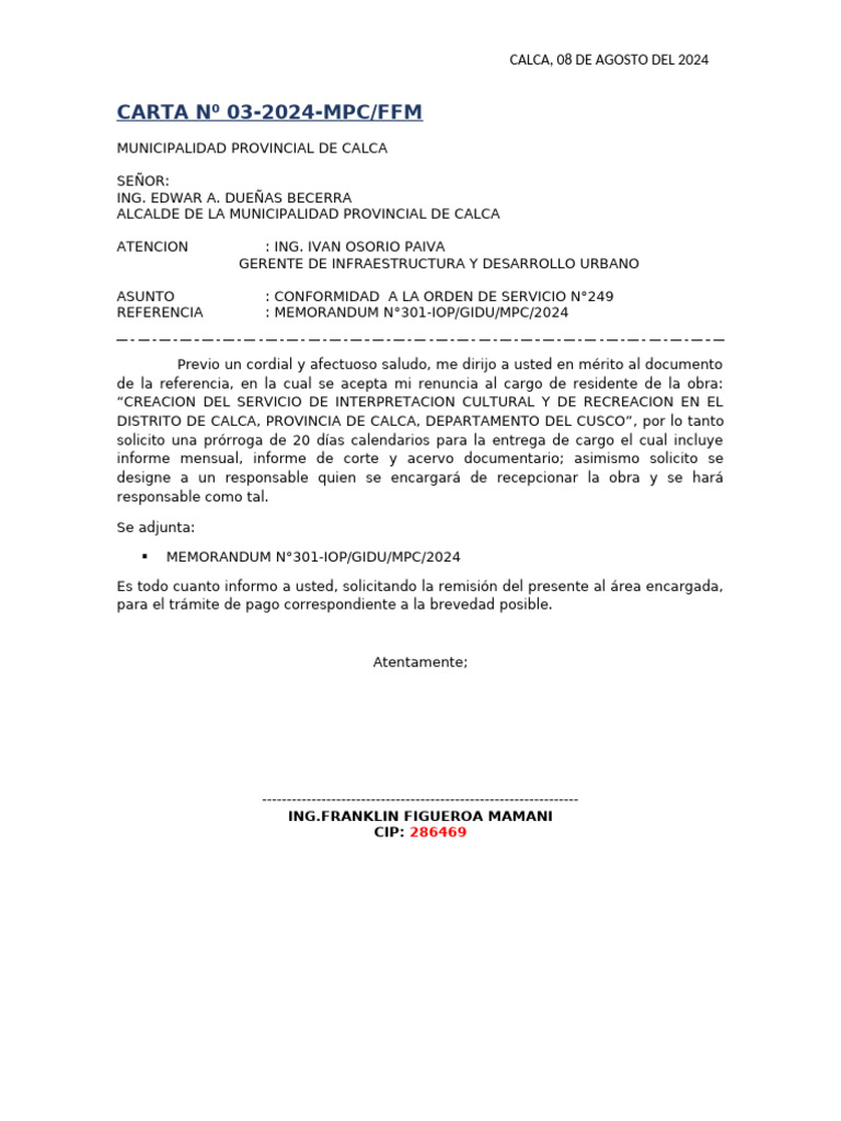 Carta N°003 Prorroga de 20 Dias Calendarios | PDF | Finanzas y administración del dinero | Hogar ...