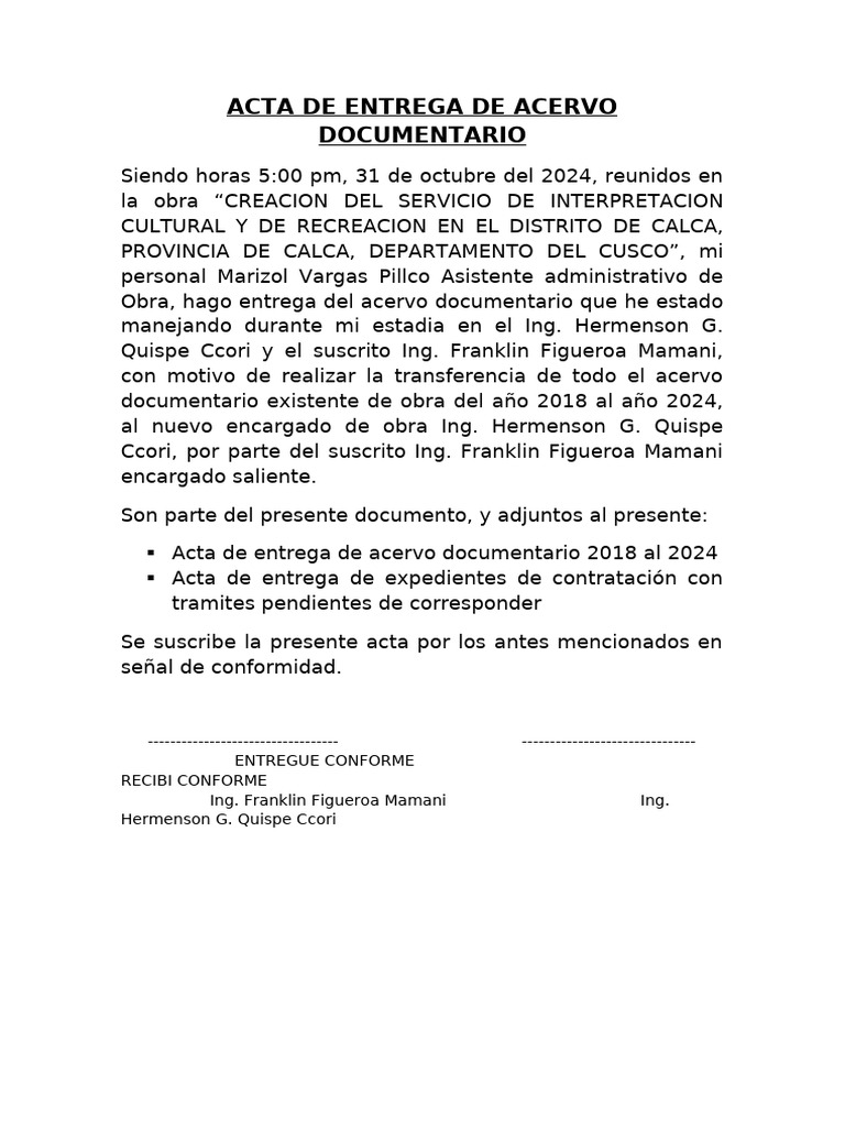 Acta de Entrega de Acervo Documentario | PDF