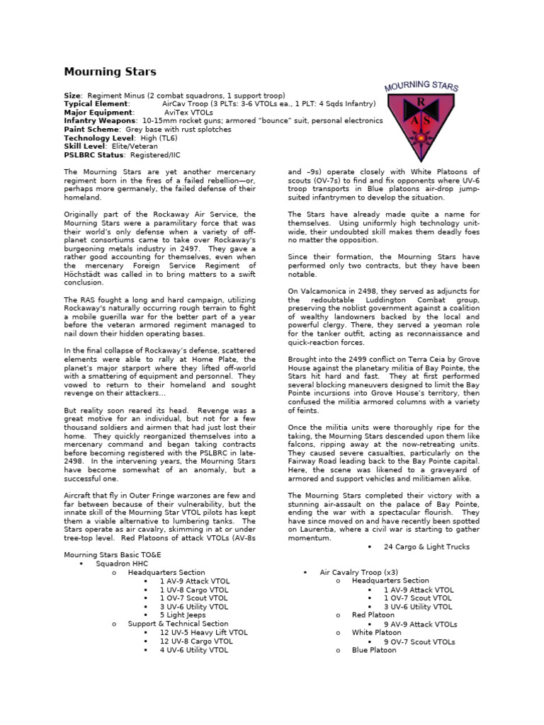Mourning Stars Mercenary Regiment Overview | PDF | Platoon | Infantry
