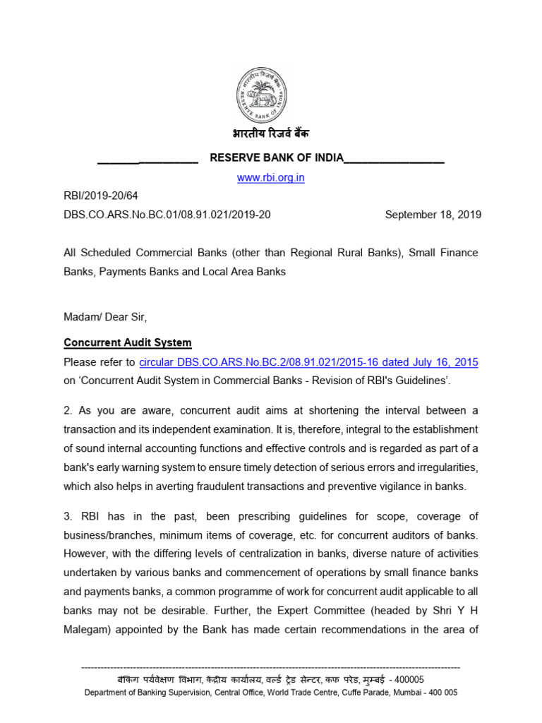 RBI Guidelines on Concurrent Audit 2019 | PDF | Audit | Internal Audit