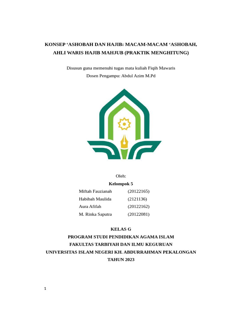 Konsep Ashabah Dan Hajib (Macam-Macam Ashabah, Ahli Waris Hajib Mahjub, (Praktik Menghitung) ) | PDF