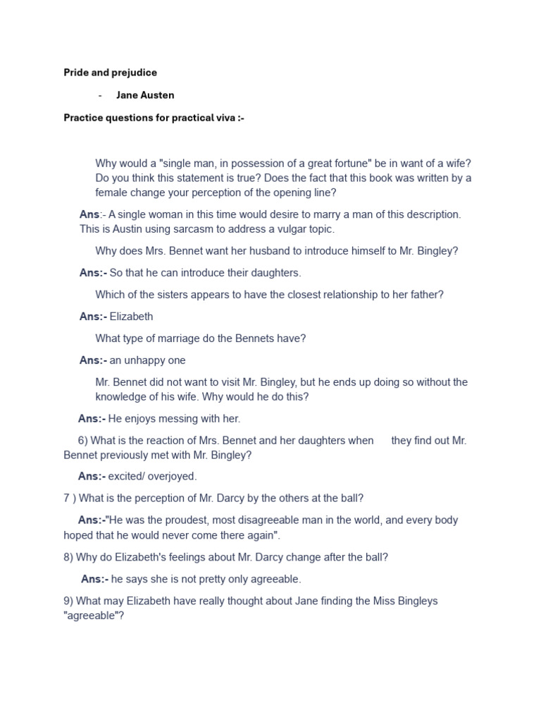 Pride and Prejudice Practice Questions | PDF | Pride And Prejudice | Mr ...