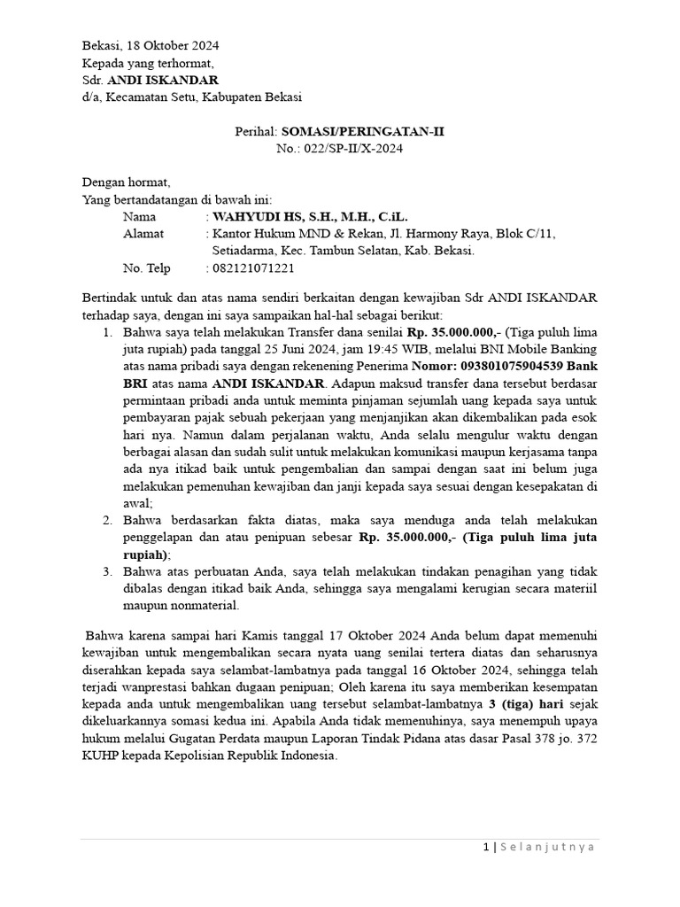 Surat Somasi MOZA Ke 2 | PDF | Hukum
