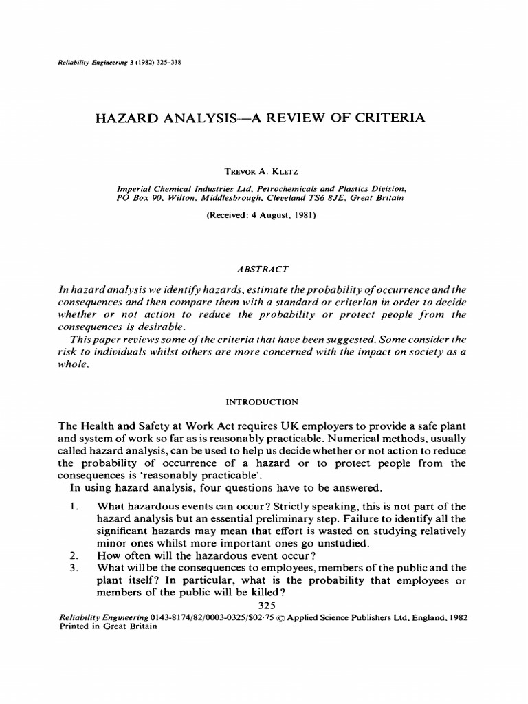 Hazard Analysis - A Review of Criteria: Reliability Engineering | PDF | Risk | Reliability ...