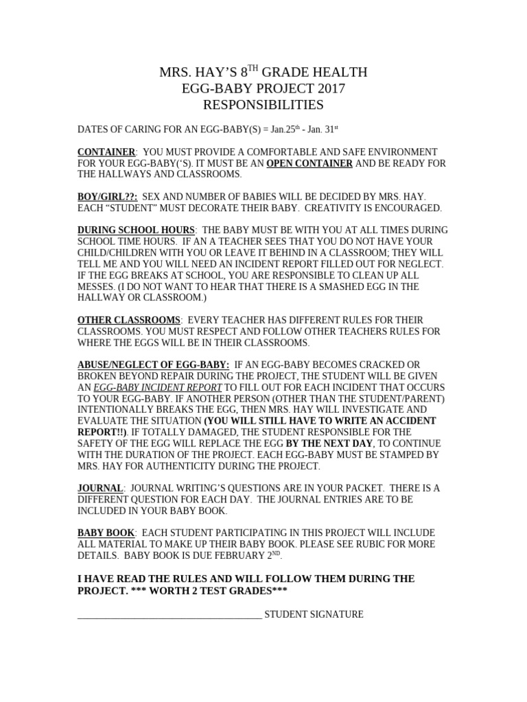 8th Grade Egg-Baby Project Guidelines | PDF