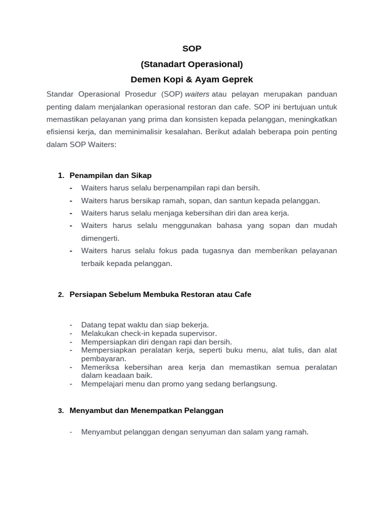 Sop Stanadart Operasional Demen Kopi Ayam Geprek 1 Penampilan Dan