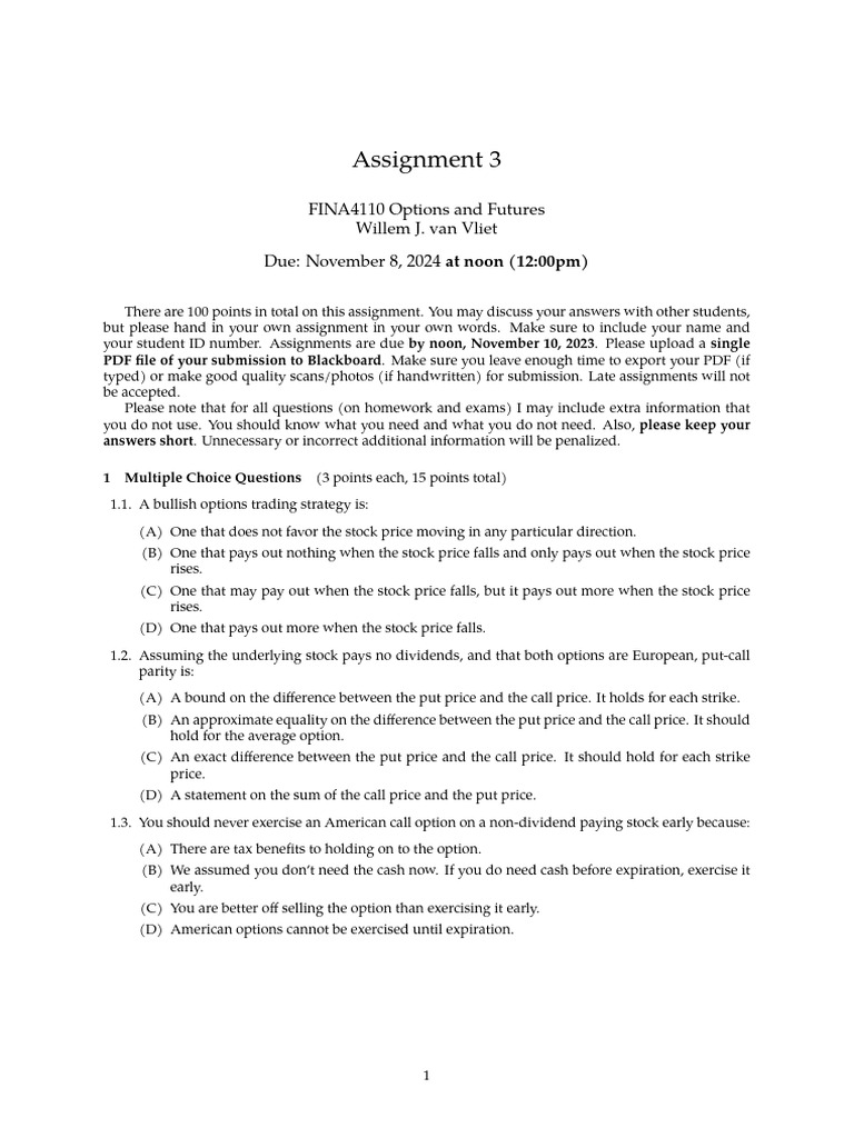 FINA4110 Options and Futures Assignment | PDF | Option (Finance) | Put Option