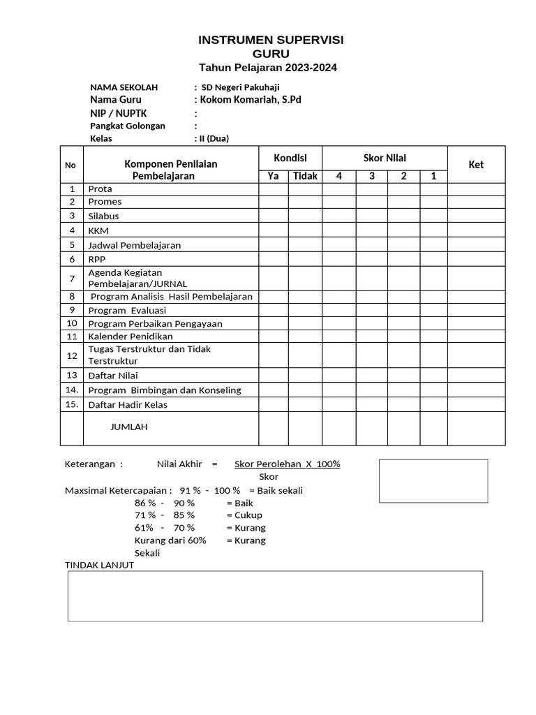 Instrumen Supervisi Guru 2023 | PDF