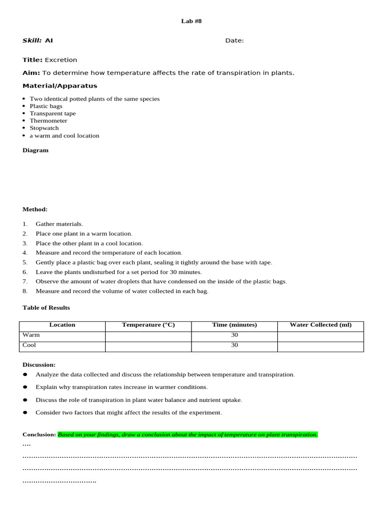 Lab #8 - To Determine How Temperature Affects The Rate of Transpiration ...