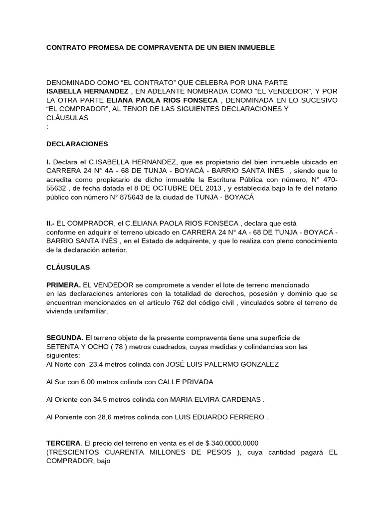 Contrato Promesa de Compraventa de Un Bien Inmueble | PDF