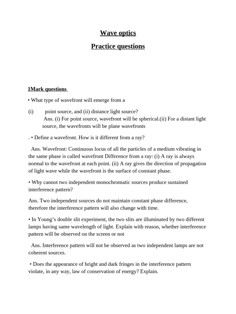 Wave Optics Practice Questions | PDF | Diffraction | Wavelength