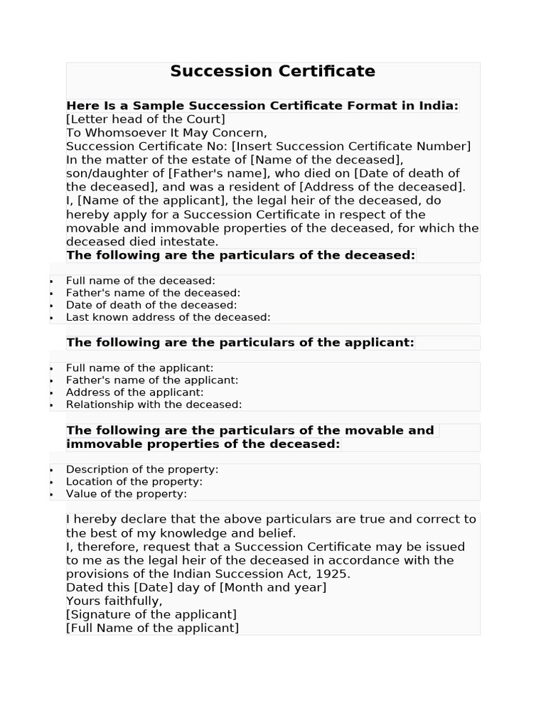 Succession Certificate Application Format Pdf Inheritance Justice