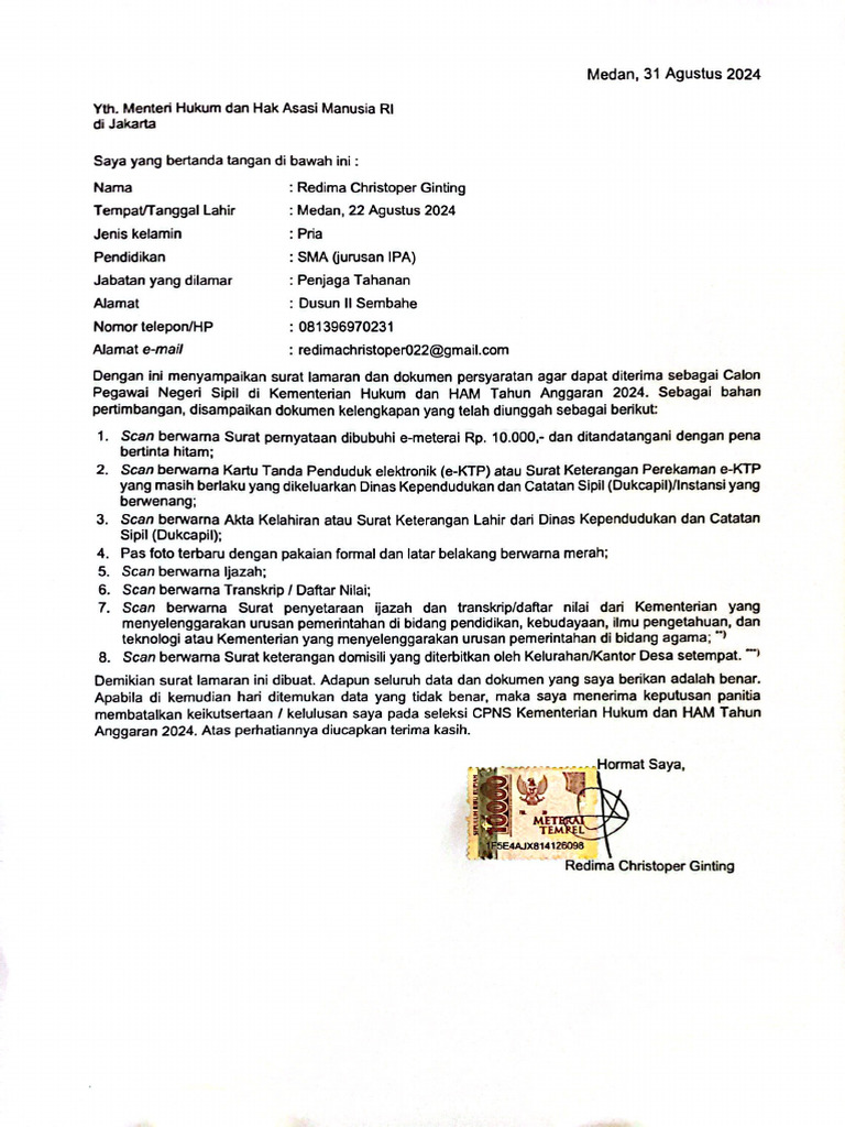 Scan Surat Lamaran Redima | PDF