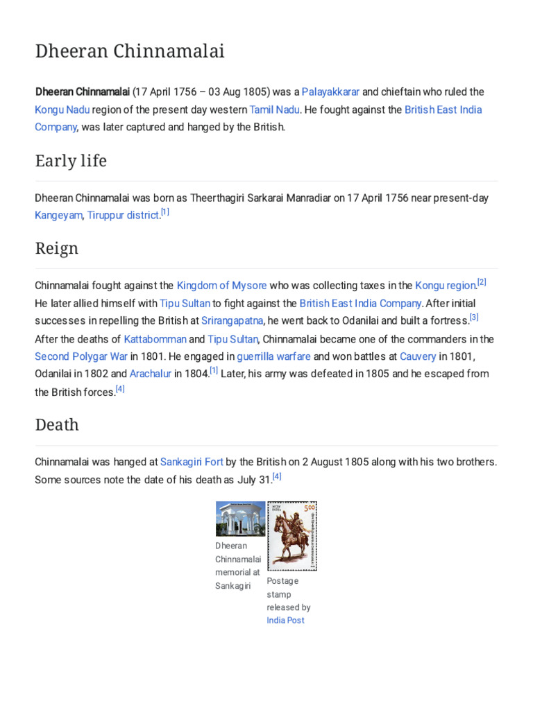 Dheeran Chinnamalai - Wikipedia | PDF | Tamil Nadu | South India