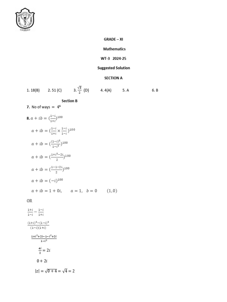 Suggested Solution Grade Xi Math Sci WT3 | PDF