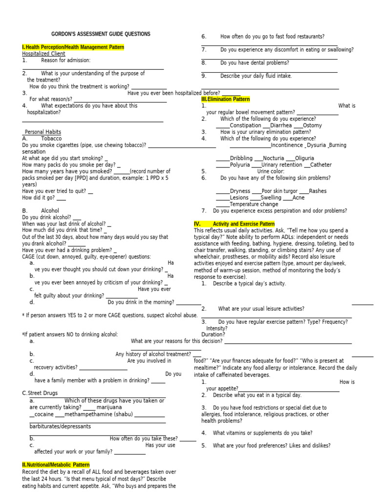 Gordon's Health Assessment Questions | PDF | Menstruation | Pain