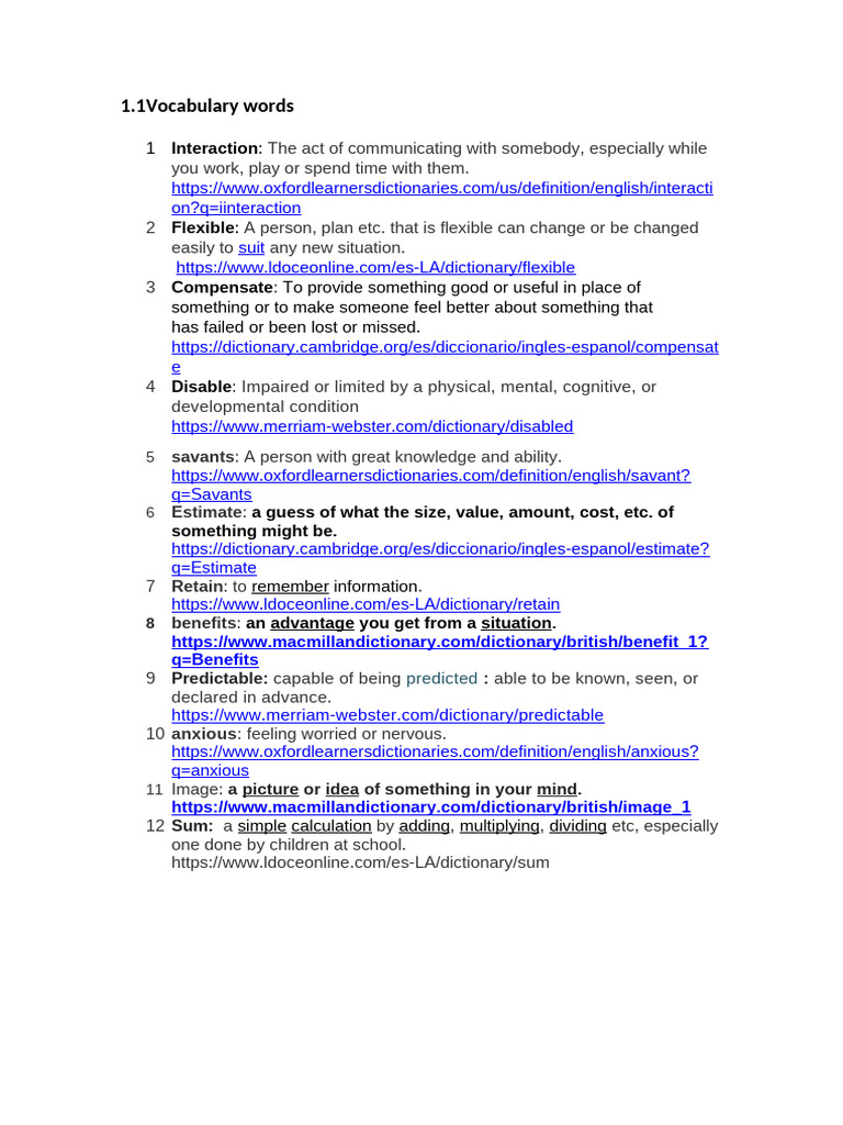 First Unit Vocabulary | PDF