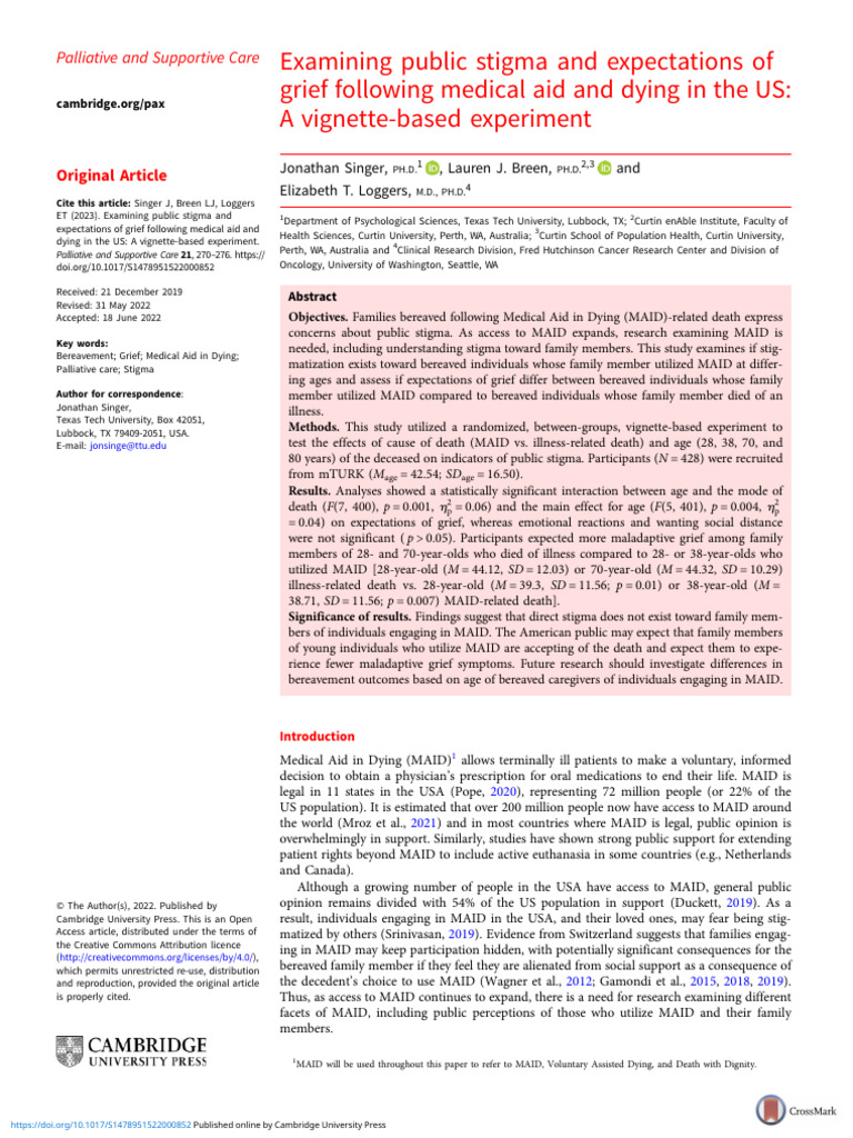 Examining Public Stigma and Expectations of Grief Following Medical Aid ...