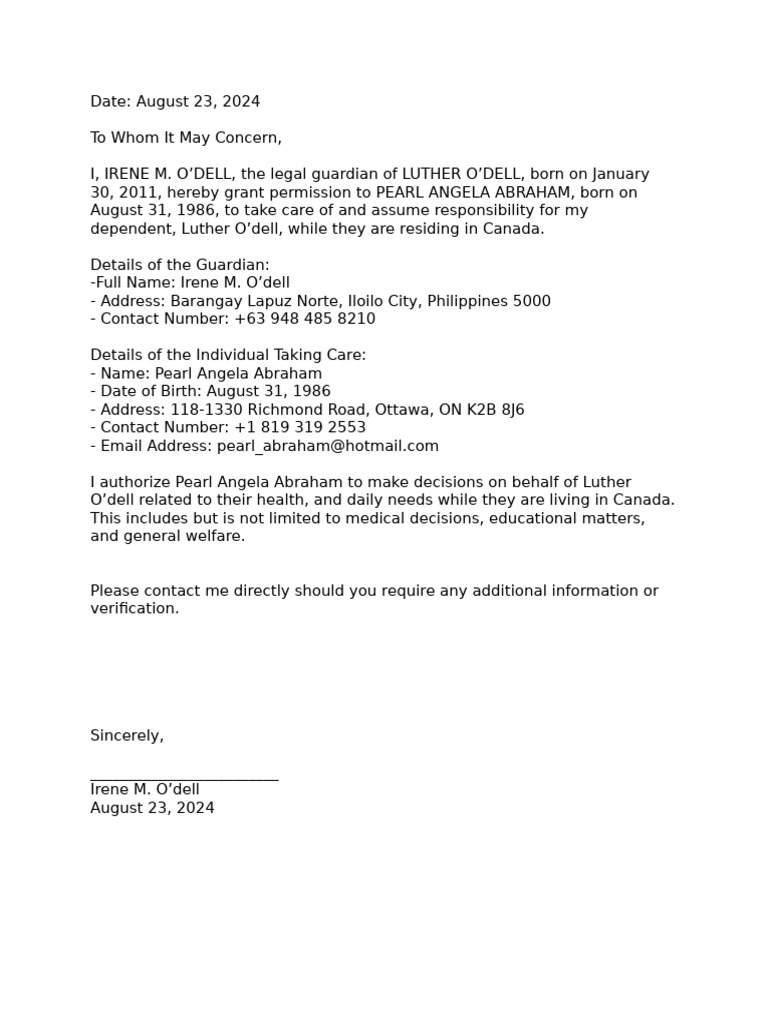 Guardian Permission Letter for Caregiver | PDF | Wellness | Lifestyle
