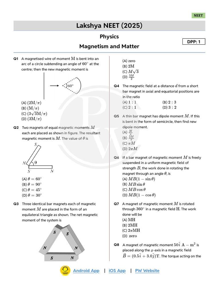 Magnetism and Matter DPP 01 (Of Lecture 03) | PDF | Magnet | Magnetic Field