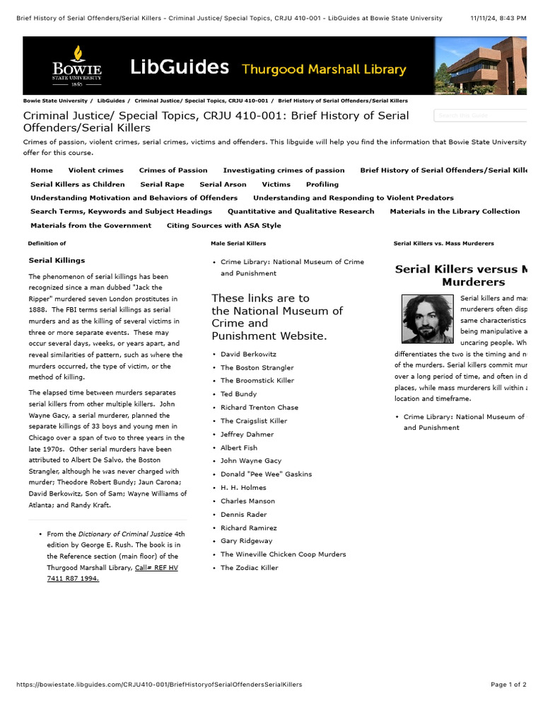 Brief History of Serial Offenders:Serial Killers - Criminal Justice ...