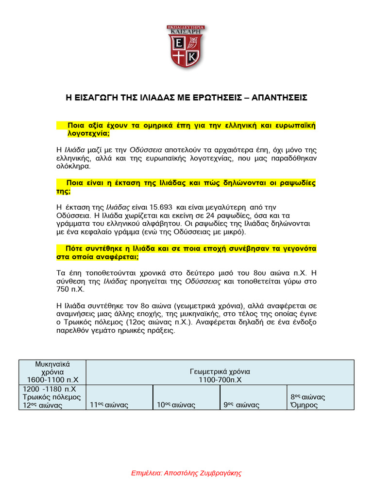 Η ΕΙΣΑΓΩΓΗ ΤΗΣ ΙΛΙΑΔΑΣ ΜΕ ΕΡΩΤΗΣΕΙΣ-ΑΠΑΝΤΗΣΕΙΣ | PDF
