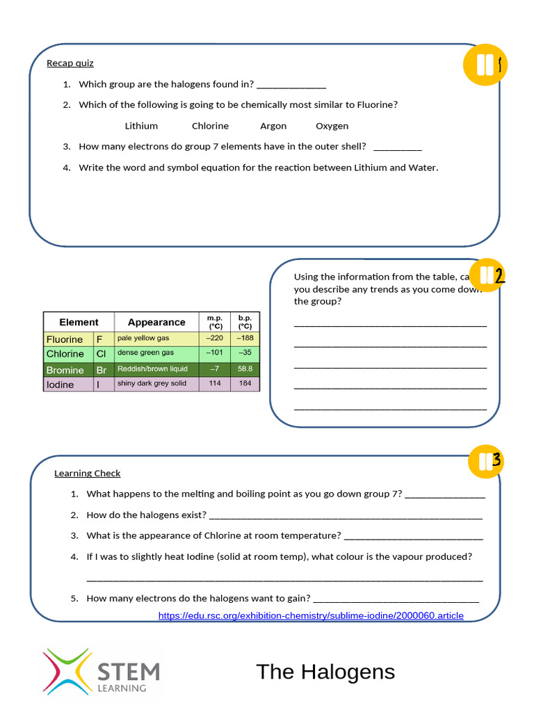Worksheet Halogens ks4 | PDF | Chlorine | Atoms